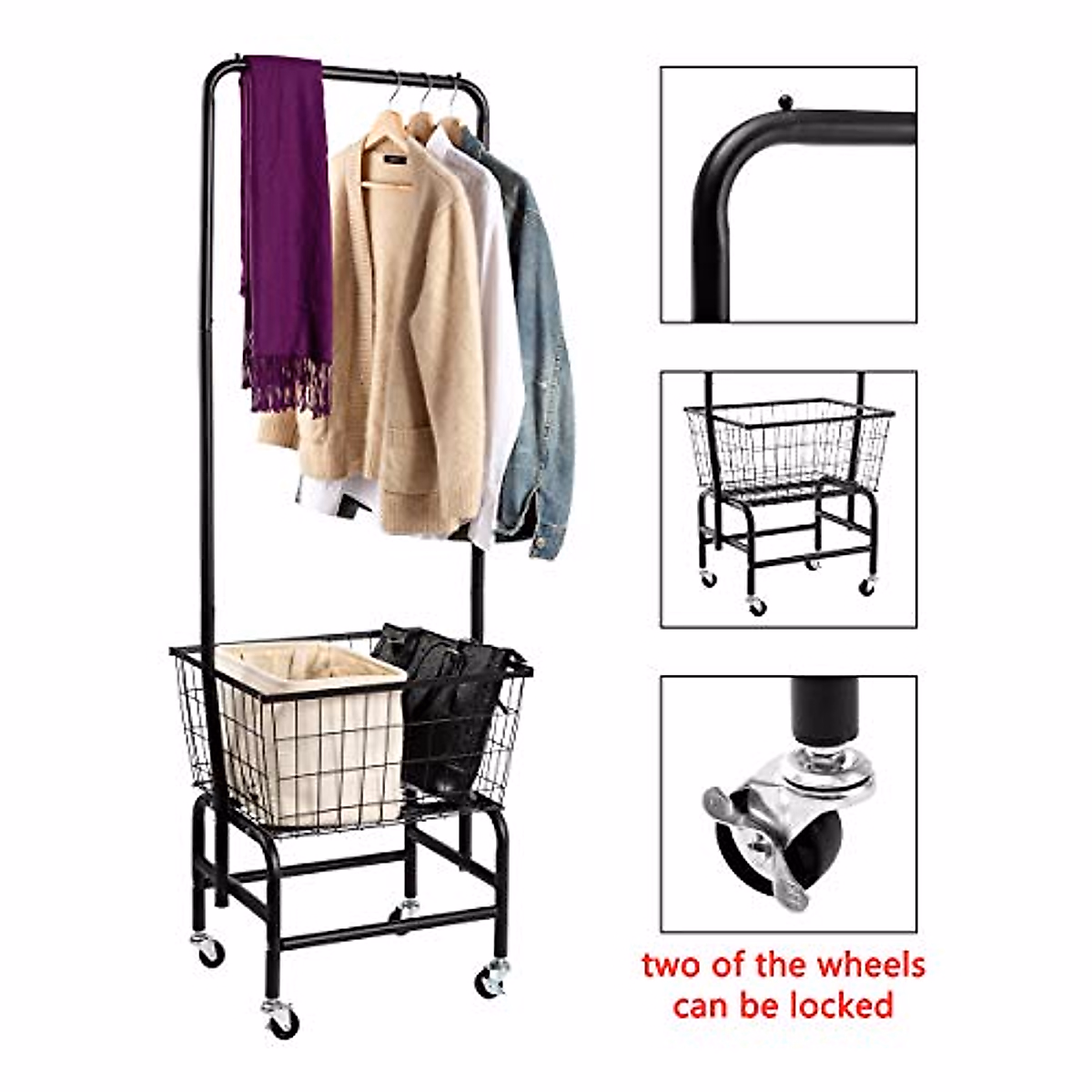ALIMORDEN Laundry Cart with Clothes Rack, Rolling Laundry Butler with Wire Storage Rack，Black