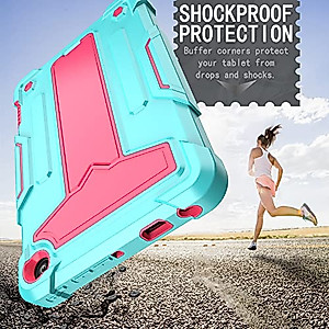 EpicGadget Case for Amazon Fire 7 Tablet (12th Generation, 2022 Released) - Heavy Duty Hybrid Impact Resistant Case Cover with Kickstand + 1 Stylus and 1 Screen Protector (Teal/Pink)
