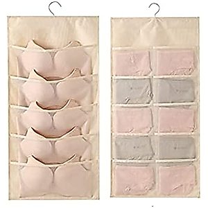 LCXPEI Closet Hanging Organizer Mesh Pockets and Rotating Metal Hanger, Oxford Cloth Space Saver Bag, Dual-Sided Hanging Storage Organiser for Underwear, Panties ,Bra and Sock(Beige, Expand 5+10 Pockets)