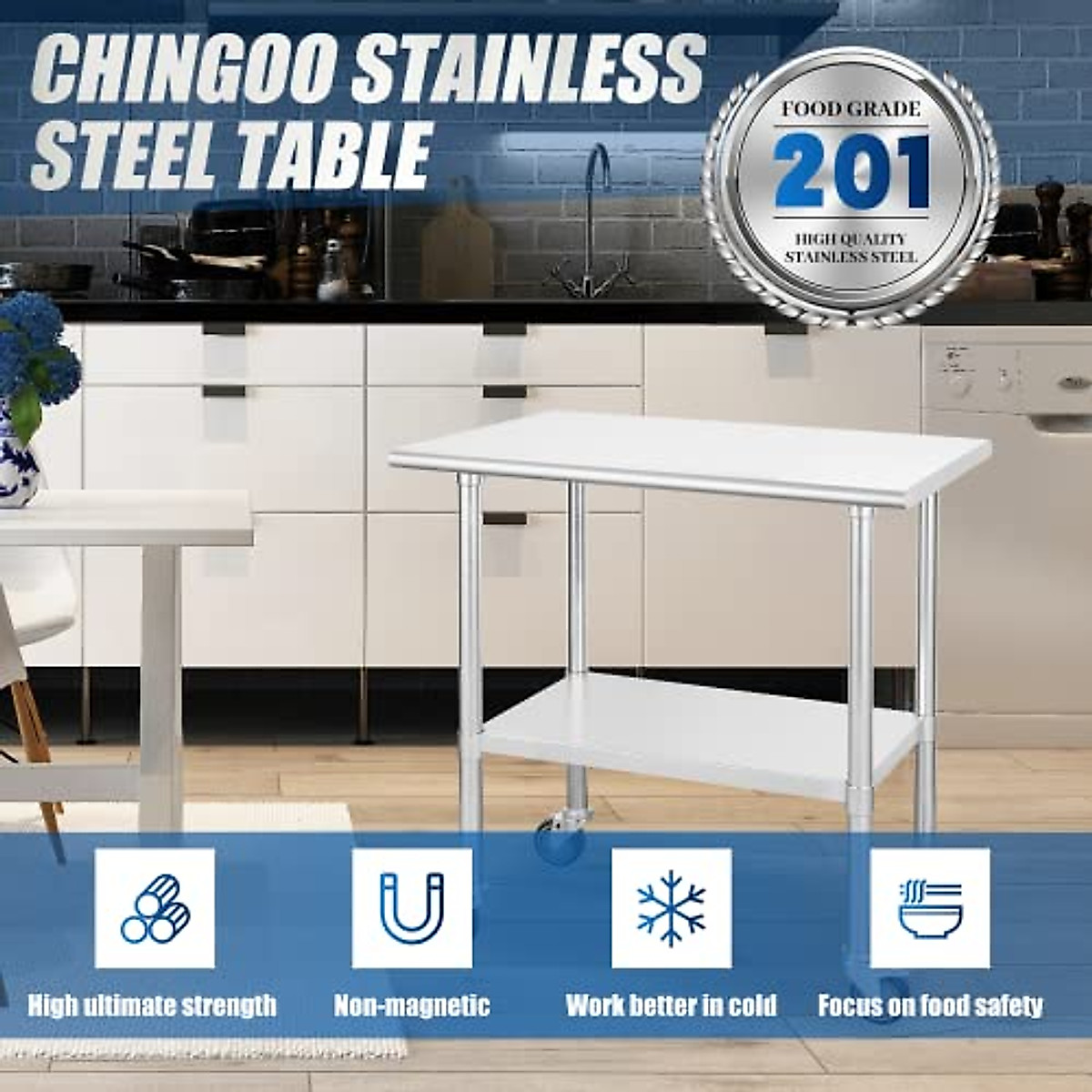 Chingoo Stainless Steel Table with Wheels 24 x 36 Inches Metal Prep Table with Adjustable Undershelf, Stainless Table for Commercial Kitchen, Outdoor, Restaurant, Hotel & Garage