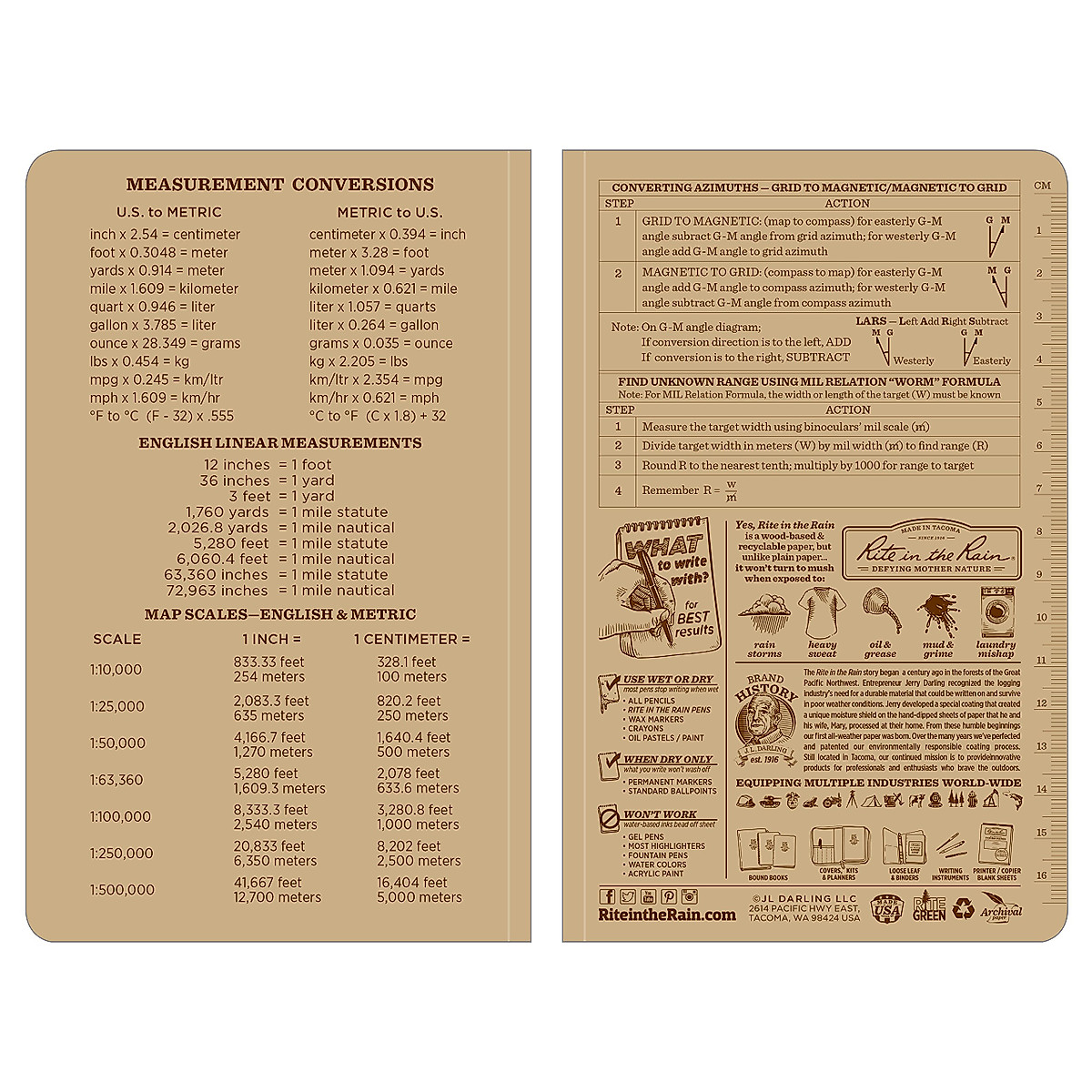Rite in the Rain All Weather Tan Tactical Field Notebook, 4 5/8" x 7" Soft Cover Weatherproof Notepad, Universal Page Pattern, Reference Pages (No. 980T)