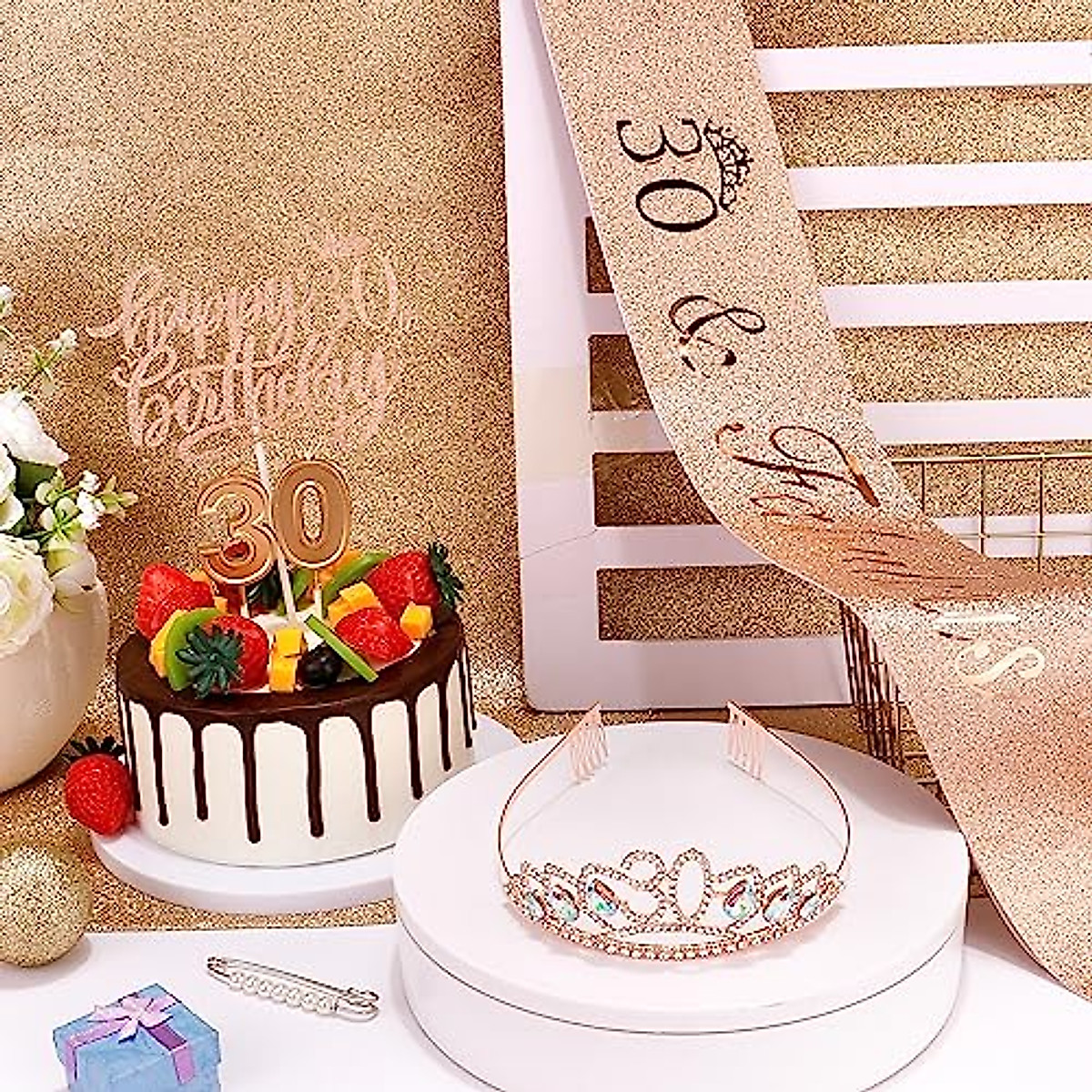 30th Birthday Decorations for Girls, Rose Gold Sweet Rhinestone Tiara Crown, Happy Birthday Cake Toppers, Birthday Queen Sash with Pearl Pin, Number Candles