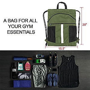 BeeGreen Army Green Drawstring Backpack with Shoe Compartment X-Large Gym Sports String Cinch Backpack Athletic Sackpack Mesh Water Bottle Holders for Women Men