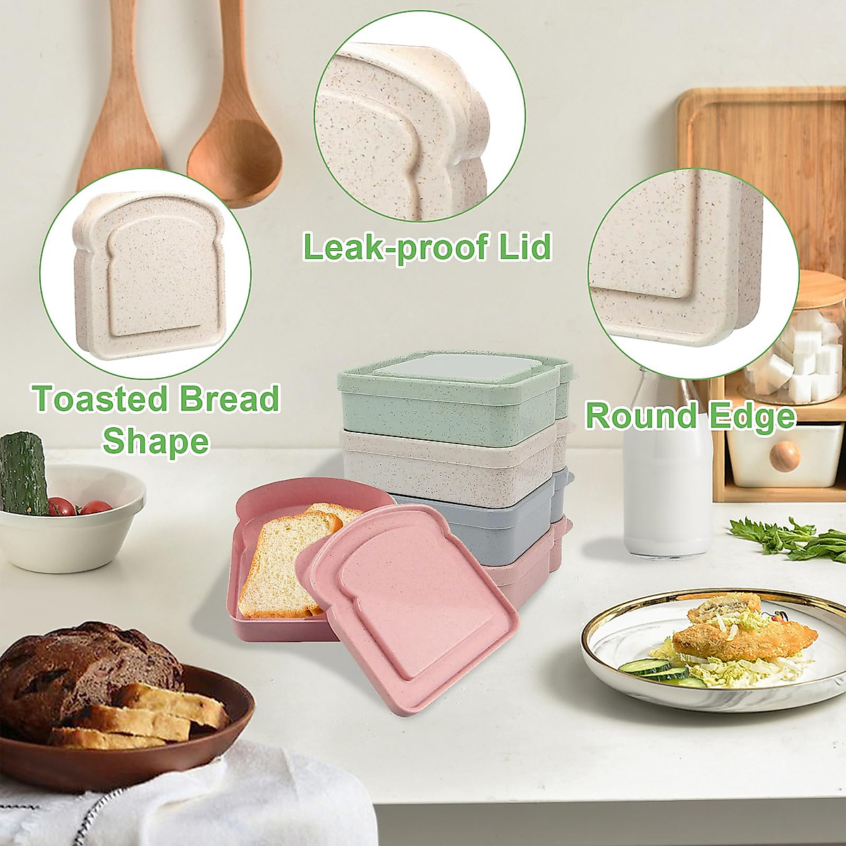 Voittozege 8 Pc Sandwich Containers for Lunch Boxes, 14 oz Plastic Reusable Sandwich Holder with Lid, Microwave & Dishwasher Safe, Family