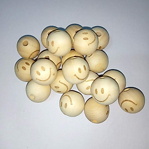 Alenybeby 50pcs 20mm Round Natural Wood Beads Laser Printing Smile face Beads Necklace Wooden Beads for Key Chain Jewelry Making (Smiley face 50pcs)