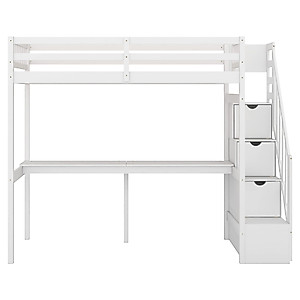 MERITLINE Twin Loft Bed with Desk and Stairs,Wooden Loft Bed Twin with Storage, Kids Loft Bed with Steps for Girls Boys Bedroom, Dorm(Twin,White)