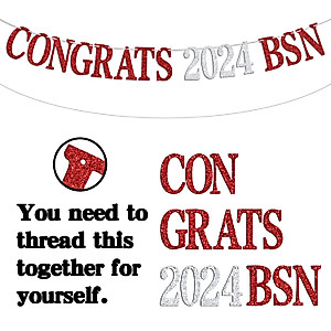 Congrats 2024 BSN Banner - Nurse Grad Party Decoration Supplies - Nursing School Survivor Graduation Party Bunting Sign/Photo Props, Silver and Red Glitter