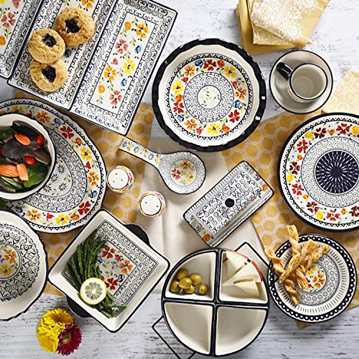 Laurie Gates by Gibson Hand Painted Luxembourg Dinnerware Set, Service for 4 (16pcs), Floral