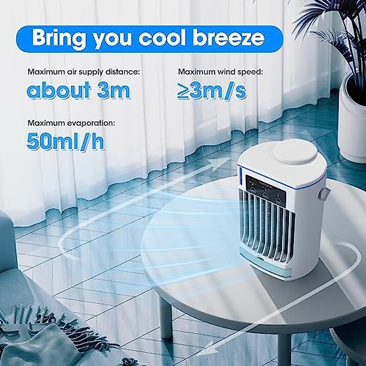 Portable Air Conditioners,Portable ac with 3 Speeds, Air Conditioner Portable for Room with Ultrasonic Mist Maker & Blue Light, Desk Fan with 500ML Tank for Home Office Camping