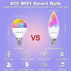 A15 LED Smart Bulb, 5W=40W,Compatible with Alexa, Google Assistant, E12 Base, Dimmable, WiFi, RGB Color Changing, Tunable White 2700K-6500K, Globe Shape, G45 Ceiling Fan Light Bulbs 4 Pack