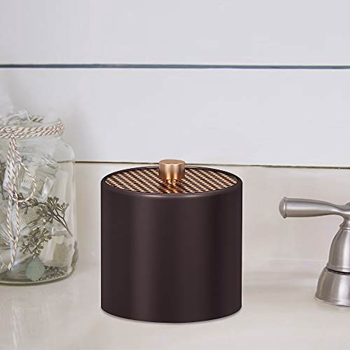 nu steel Selma Decorative Steel Bathroom Vanity Countertop Storage Organizer Canister Jar for Cotton Swabs, Rounds, Balls, Makeup Sponges, Bath Salts - Copper & Oil Rubbed Bronze