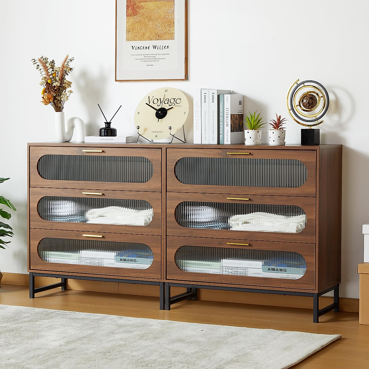 UHMUVFM 3 Drawer Dresser, Small Dresser with Tempered Glass Drawer Design, Modern Wood Chest of Drawers for Bedroom, Home Office (Walnut1)