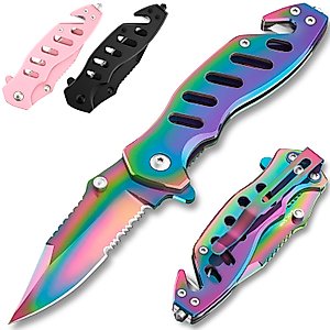 Rainbow Pocket Knife - Legal Knife with Glass Breaker Seatbelt Cutter - 2.68 Inch Serrated Blade - Cute Womens Knives - Cool Small Folding Knife for Self Defense - Birthday Gifts for Women - 6655 R