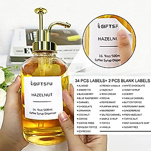 GiftsFU Coffee Syrup Dispenser for Coffee Bar, 4 Pack Coffee Pump Dispenser, Transparent Glass Syrup Dispenser with Pumps and Labels, 16.9 oz 500ml Coffee Syrup Bottles, Gold and Silver