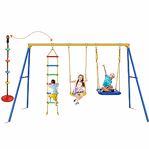Swing Sets for Backyard, 4 in 1 Swing Sets with Heavy-Duty A-Frame Metal 550lbs Outdoor Swing Stand,1 Swing Seat,1 Nest Swing Seat,1 Climb Ladder,1 Rope Ladder for Backyard and Playground