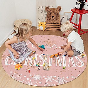 Merry Christmas Round Area Rug 5ft,Washable Outdoor Indoor Carpet Runner Rug for Bedroom,Kitchen,Bathroom,Living/Dining/Laundry Room,Office,Area+Rug Bath Door Mat Blush Pink Gold Winter Snowflake
