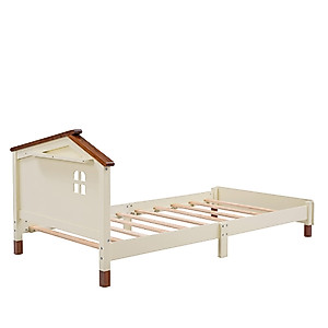 Merax Kid Twin Wood Bed House Frame, Wood Platform Bed for Boys Girls,No Box Spring Needed,Easy Assemble (Twin,Cream+Walnut)