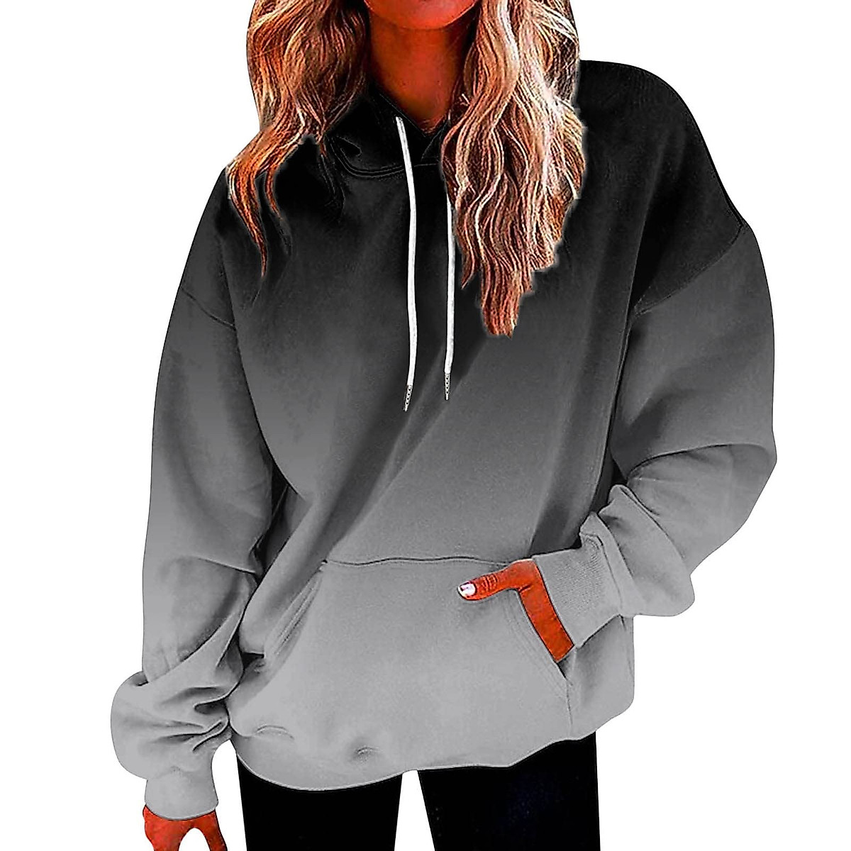 Women 's Oversized Y2K Hoodies Pullover Tops Gradient Hooded Sweatshirts Fall FashionPocket Long Sleeve Blouse Outfits work from clothes Women Gray 2X