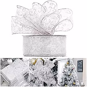 AIMUDI Silver Sheer Organza Christmas Ribbon, 2.5 Inch x 50 Yards, Swirl Pattern, Wired Edge, Perfect for Wreaths, Trees, Gifts, Weddings