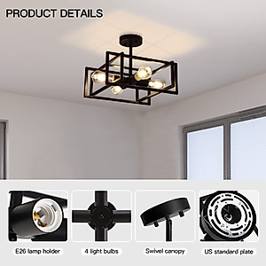 Minyuco Black Ceiling Light Fixtures - 4-Light Industrial Farmhouse Flush Mount Ceiling Lighting,Vintage Metal Chandelier Ceiling Lamp for Kitchen Living Room Bedroom Hallway Laundry Entryway