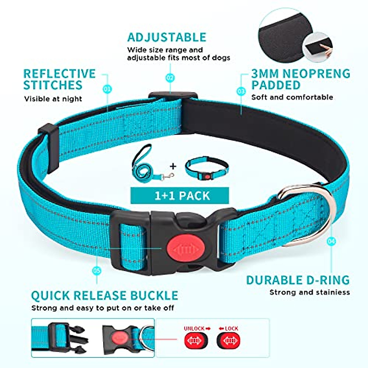 Tpotato Reflective Dog Collar And Leash Set,Adjustable Neoprene Padded Nylon Collars, 6 FT Heavy Duty Dog Leash 2 Comfortable Handles Safety Locking Buckle for Puppy Small Medium Extra Large Breed Dog