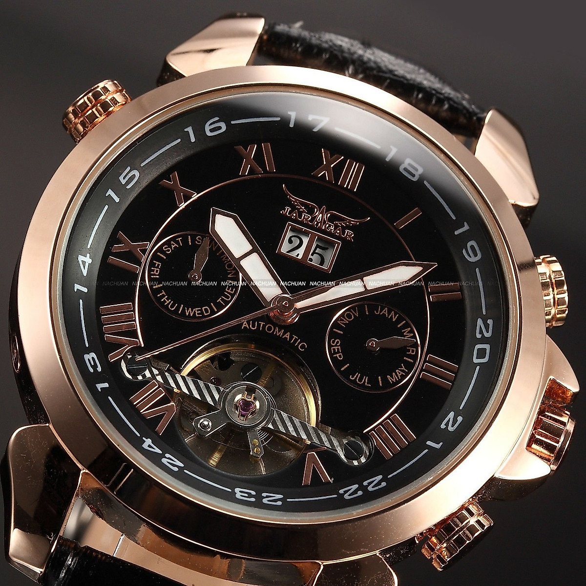 MASTOP Men Black Tourbillon Rose Golden Aviator Automatic Mechanical Watch
