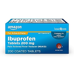 Amazon Basic Care Ibuprofen Tablets, Fever Reducer and Pain Relief from Body Aches, Headache, Arthritis and More, Brown, 200 Count