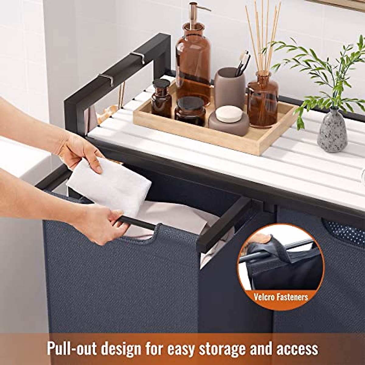 Homykic Laundry Hamper with Wheels, 100L Pull-Out Laundry Basket with Shelf, 2-Section Laundry Sorter Cart with Removable Laundry Bags 4 Hooks for Clothes, Bamboo Top and Metal Frame, White+Black