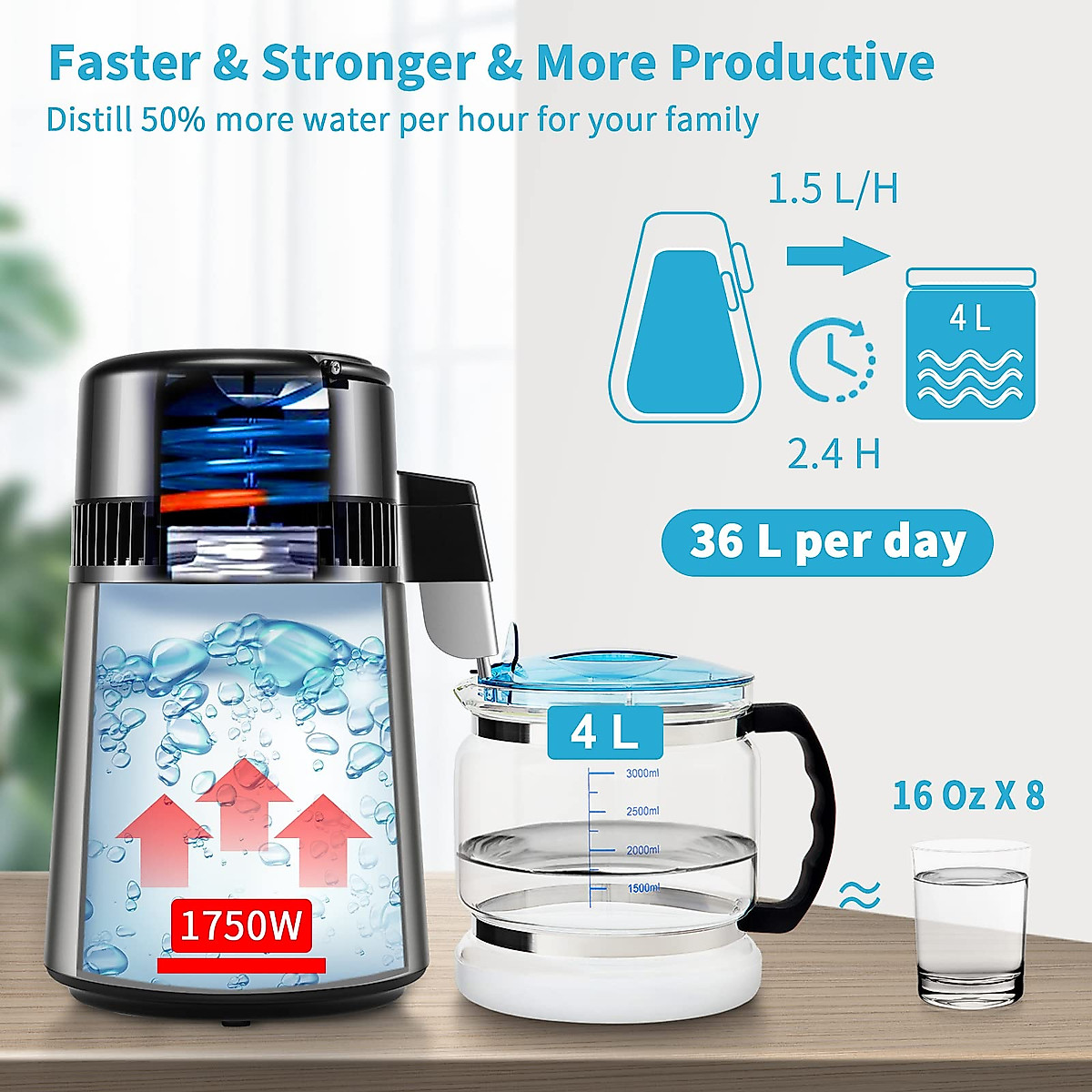 VEVOR 1.1Gal Water Distiller, 0.4Gal/H, Distilled Water Maker Machine 1750W 0-99H Timing Dual Temp Display, 304 Stainless Steel Countertop Distiller Glass Carafe Cleaning Powder 3 Carbon Packs, Silver