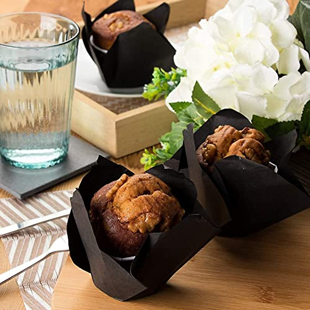 100 Piece Black Tulip Cupcake Liners Set for Wedding Receptions, Birthday Parties, Graduation Celebrations, Baby Showers, Medium Baking Wrappers (2 x 3.5 Inches)