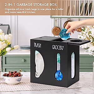 2 in 1 Grocery Bag Holder Trash Bag Dispenser, Wood Trash Bag Holder, Garbage Bag Holder Wall Mount, Grocery Bag Dispenser for Plastic Bags, Kitchen Cabinet Under Sink Organizers and Storage (Black)