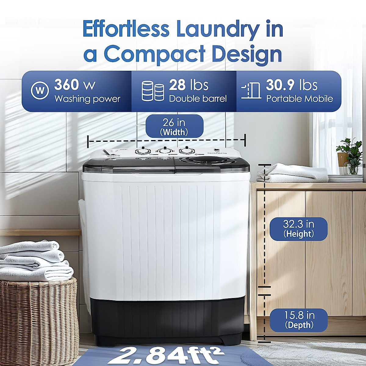 Anypro Portable Clothes Washing Machine, Twin Tub 28 Lbs Capacity Laundry Washer and Dryer Combo 2 In 1 Washer (18 Lbs) & Spinner (10 Lbs) for Apartments, Dorms, RV, Camping
