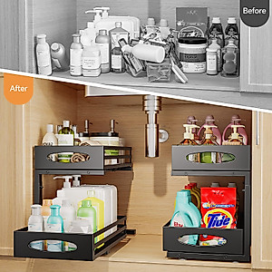 mixeshop Under Sink Organizer, 2 Pack Pull Out Cabinet Organizers, Slide Sink Steel Shelf Cabinet Storage Shelves, Under Sink Storage for Kitchen Bathroom Cabinet, Black