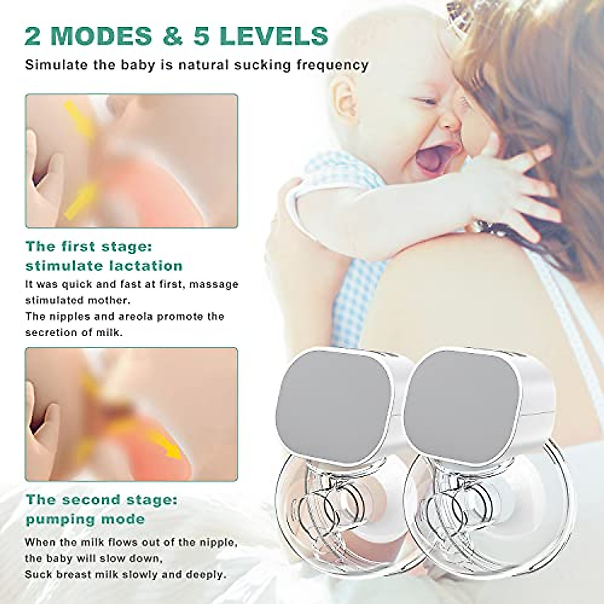 OMFMF Wearable Breast Pump,Quiet & Hands-Free,Portable,in-Bra Double Electric Breast Pump,Pain Free Strong Breastfeeding Pump Strong Suction 2 Pack(Gray)