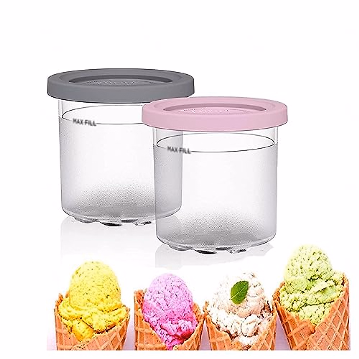 EVANEM 2/4/6PCS Creami Pint Containers, for Ninja Creami Deluxe,16 OZ Creami Deluxe Reusable,Leaf-Proof for NC301 NC300 NC299AM Series Ice Cream Maker,Pink+Gray-6PCS