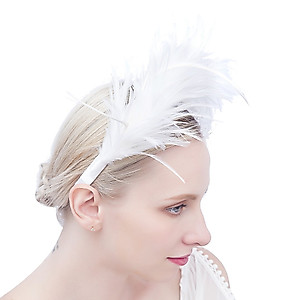FELIZHOUSE 1920s Fascinator with Feathers Headband for Women Wedding Tea Party Headwear (White)