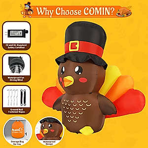 COMIN 5 FT Tall Thanksgiving Inflatables Turkey Baby in Hat with Built-in LEDs Blow Up Yard Decoration for Holiday Party Indoor Outdoor Garden Lawn