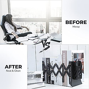 Auxu Adjustable Desk Storage Bookends with Pen Stand Holder – 2-in-1 Bookend and Pen Stand – Telescopic Design – Expands Up to 20” – Multipurpose and Versatile – Desktop Accessory