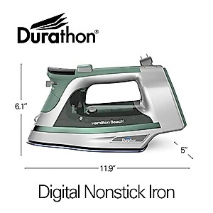 Hamilton Beach Steam Iron & Vertical Steamer for Clothes with Scratch-Resistant Durathon Soleplate, Digital Fabric Selector + 8’ Retractable Cord, 3-Way Auto Shutoff, Anti-Drip, 1800 Watts, Green