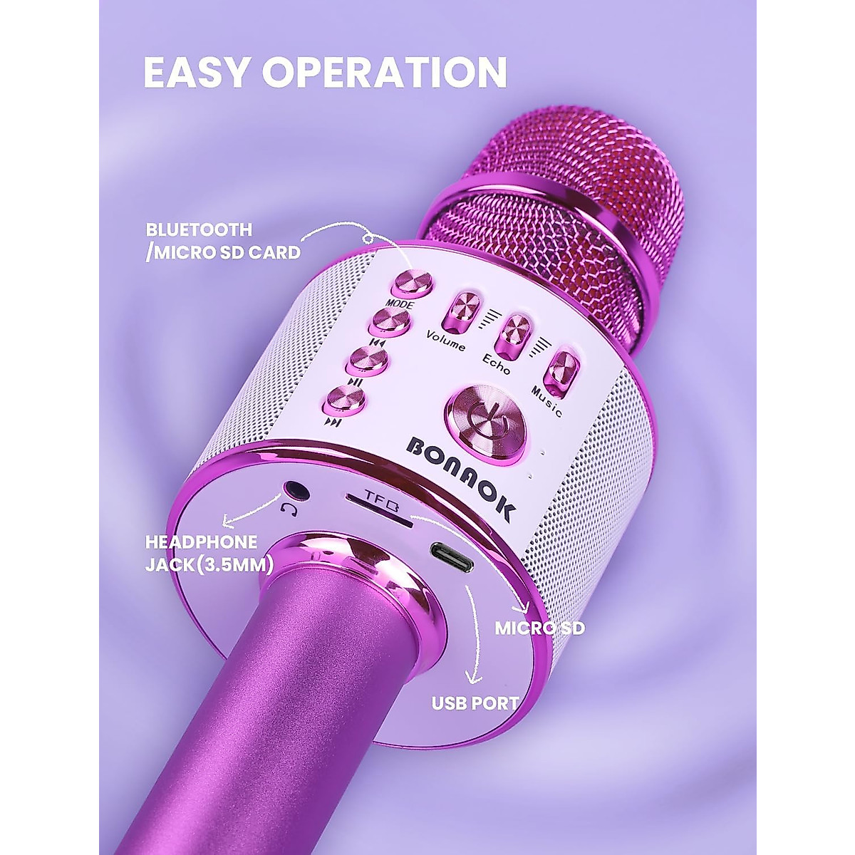 BONAOK Wireless Bluetooth Karaoke Microphone, Portable Toy Microphone for Singing, Gifts to Girls Boys Kids Adults All Age Q37（Bright Purple）