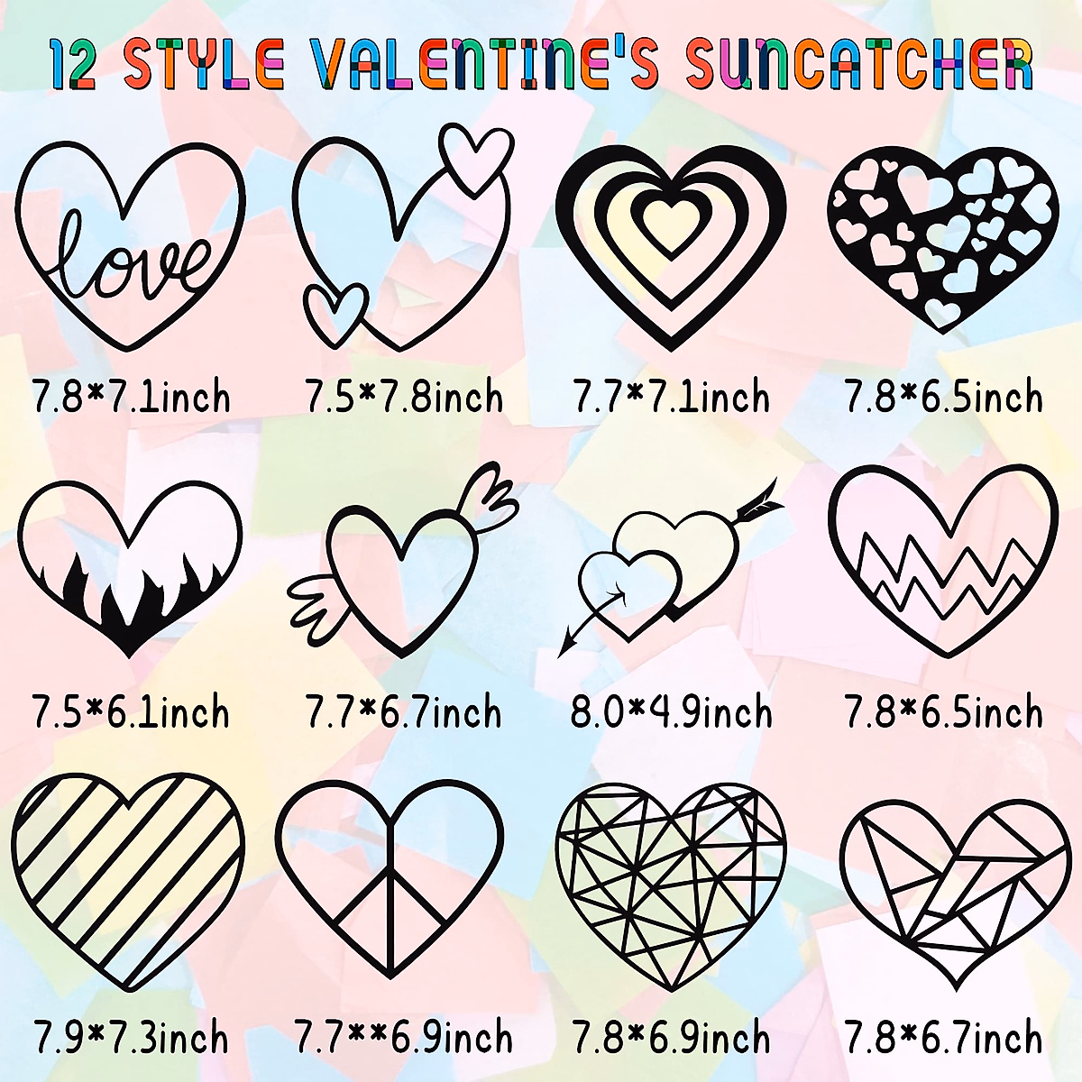 Haooryx Valentine’s Paper Craft Kits - 12-Piece Valentine’s Day Kids' Heart-Shaped Paper Suncatcher Kit DIY Craft Kids Stained Glass Effect Decorations Classroom Handcraft Art Supplies Party Favors