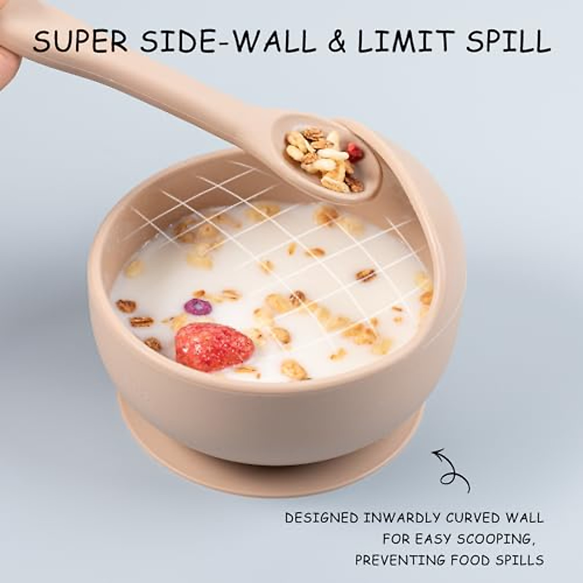 Vivalada Silicone Baby Feeding Set - Baby Led Weaning Supplies, Baby Suction Plate with Lid and Bowl, Toddler Self Feeding Spoons Forks Sippy Cup Adjustable Bib, Baby Utensils for 6-12 Months (Beige)