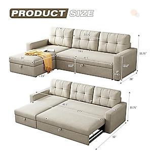 Ball & Cast 81.5" L-Shaped Convertible Sleeper Sofa, Upholstered Sectional Couch Pull Out Sofa-Bed with Storage Chaise & Removable Back Cushions, Beige
