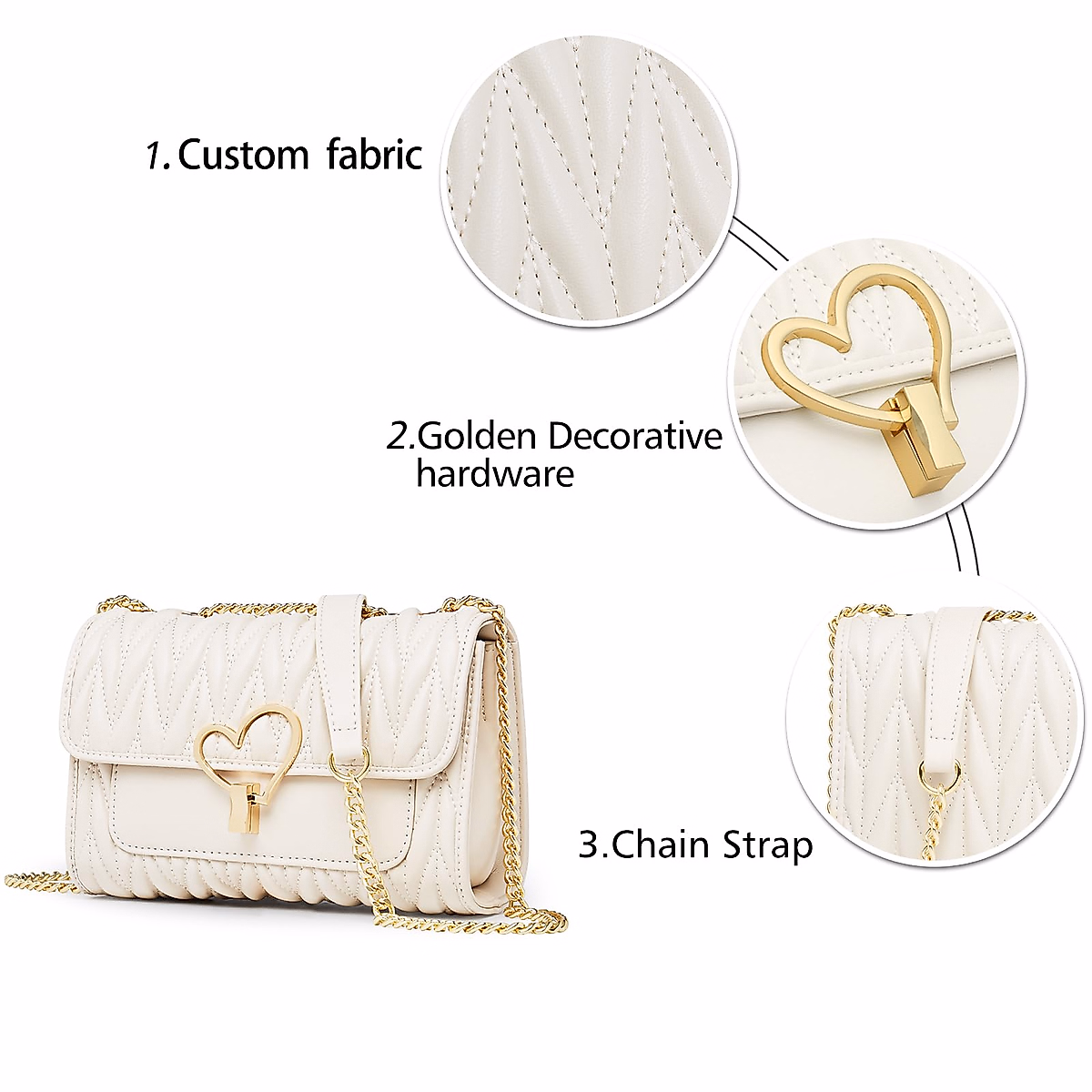 LAORENTOU Vegan Leather Crossbody Bags for Women Heart Shaped Magnetic Buckle Shoulder Bag Purse for Ladies（white