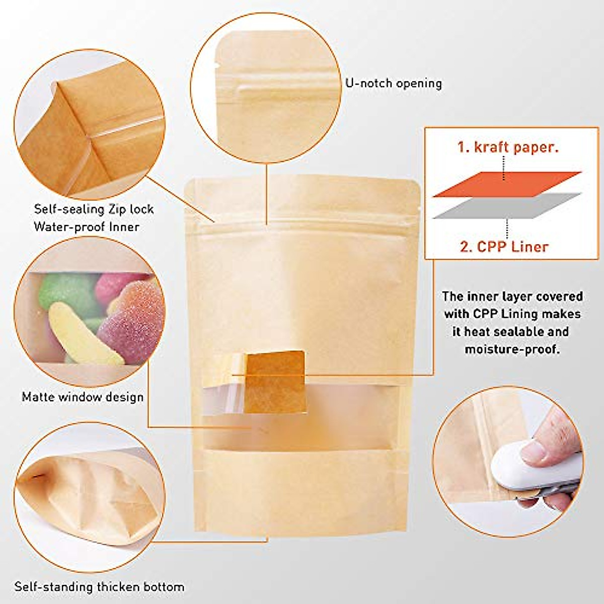 LZLPACKING Kraft Stand Up Pouches bags 100 Pcs,Brown Resealable Bags with Window for Home or Business,Coffee Bags,Zip Lock Food Storage Bags,Sealable Bags for Packaging(3.9×5.9)