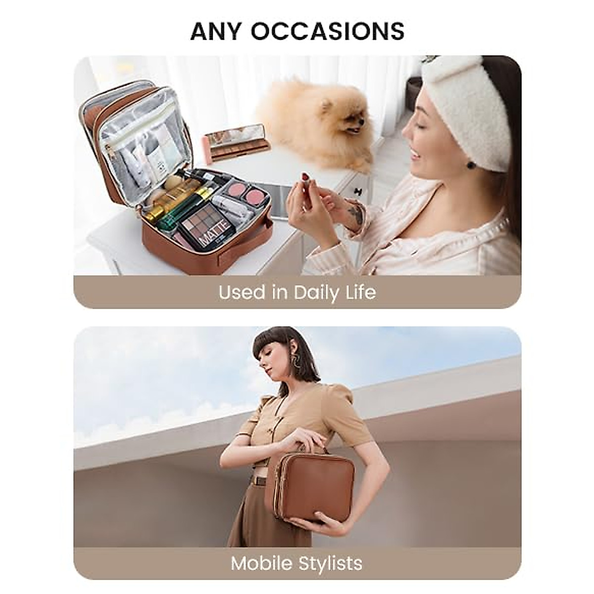 Stagiant Large Makeup Bag, Double Layer Makeup Case with Dividers Makeup Organizer Bag Cosmetic Train Case for Travel Makeup Brushes Palettes Sponge Toiletries, Vintage Brown