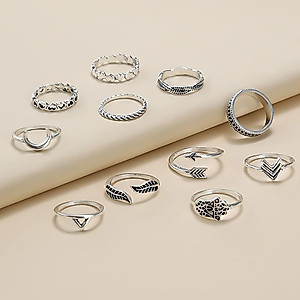 Jumwrit Bohemian Knuckle Rings Set Vintage Finger Rings Set Midi Rings Love Heart Ring Index Rings Silver Band Ring Stackable Rings for Women（11PCS）