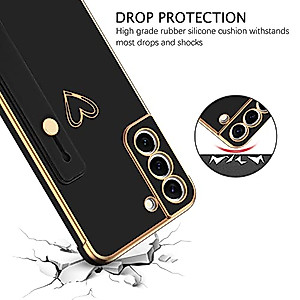 Telaso Phone Case Samsung Galaxy S22, Love Heart Cute Case with Wristband Kickstand Holder Soft TPU Plating Bumper Protective Slim Shockproof Cover for Girls Women, Black