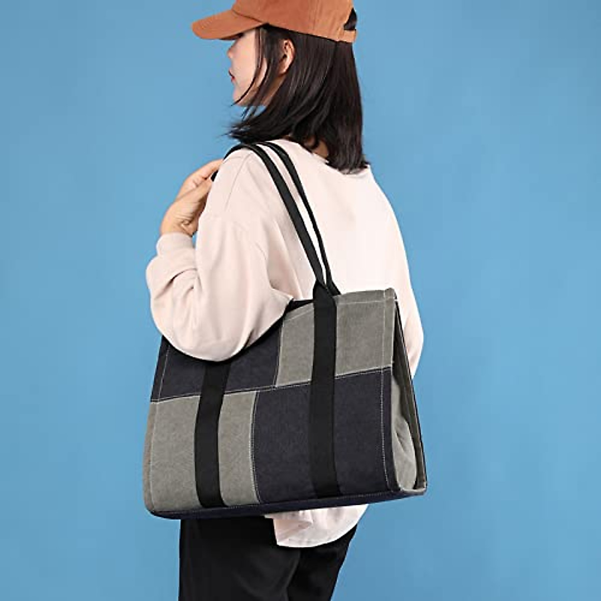 ZHIERNA Canvas Work Tote Bags for Women, Lightweight Shoulder Purse Top Handle Handbag With Zipper for School Travel Beach(Grey)