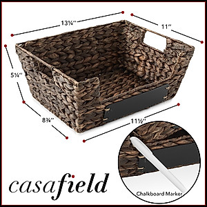 Casafield Set of 2 Water Hyacinth Pantry Baskets with Handles, Chalkboard Labels, and Marker - Espresso, Wide Woven Storage Bin Organizers for Kitchen Shelves